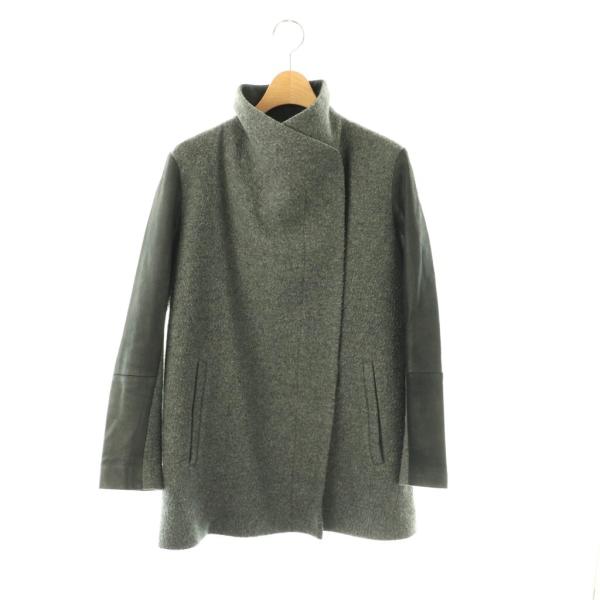 セオリー Theory ウール レザー ショートコート やぎ革 S P グレー ブラック /ES ■OS レディース【ブランド】セオリー Theory【表記サイズ】S P【実寸サイズ】肩幅：39cm　身幅：51cm　着丈：70cm　袖丈：5...