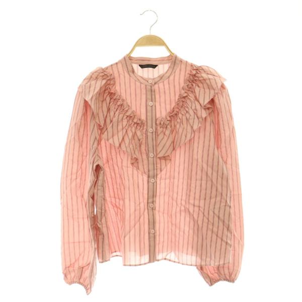 ザラ ZARA STRIPED SHIRT WITH RUFFLES フリルブラウス 長袖 ストライプ バンドカラー USA M ピンク /MY ■OS レディース【ブランド】ザラ ZARA【表記サイズ】USA M【実寸サイズ】肩幅：37c...