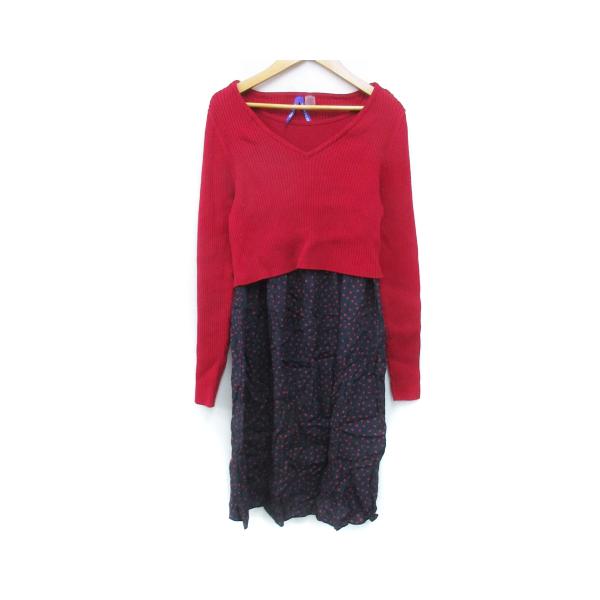 セラファン ニット カットソー ショート丈 長袖 Vネック フレアワンピース ひざ丈 ノースリーブ 切替 総柄 2点セット 6 赤 黒 レディース【ブランド】セラファン SERAPHIN【表記サイズ】US 6 (日本サイズM相当)※実寸サイ...