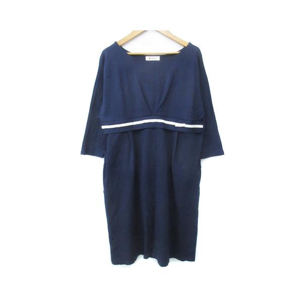 Milk tea マタニティウェア 授乳服 フレアワンピース ひざ丈 七分袖 ラウンドネック 切替 リボン F ネイビー ホワイト レディース【表記サイズ】F※実寸サイズをご確認ください。【実寸サイズ】着丈：90cm　ゆき丈：60cm　裾幅...