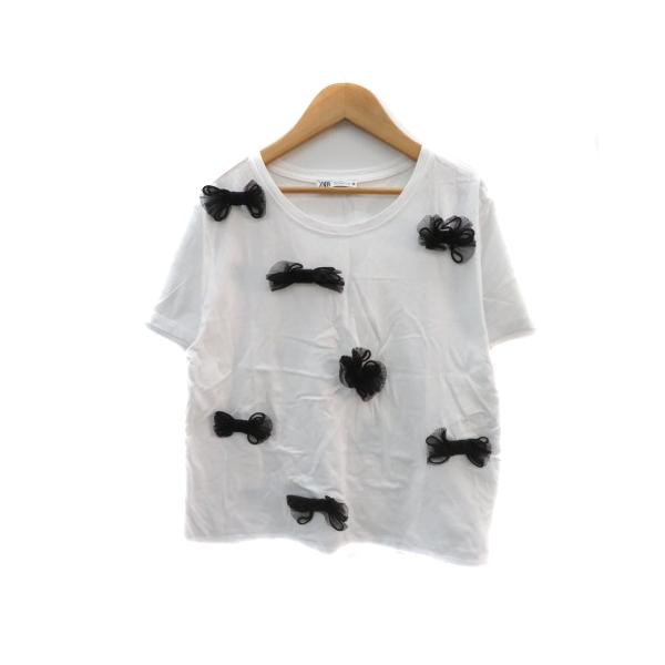 ザラ ZARA Tシャツ カットソー 半袖 リボン L 白 ホワイト /YK27 レディース【ブランド】ザラ ZARA【表記サイズ】L※実寸サイズをご確認ください。【実寸サイズ】肩幅：40cm　身幅：48cm　着丈：52cm　袖丈：18cm...