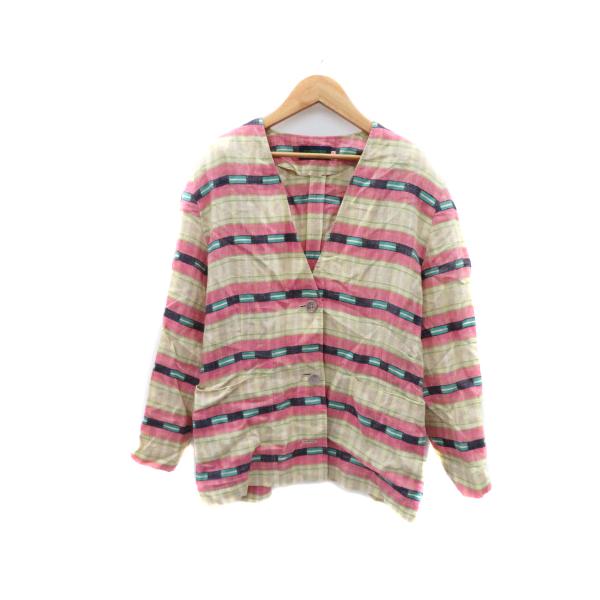 ミックマック micmac ノーカラージャケット ミドル丈 シングルボタン チェック柄 麻 リネン マルチカラー 赤 レッド /YK1 レディース【表記サイズ】サイズ表記なし※実寸サイズをご確認ください。【実寸サイズ】肩幅：43cm　身幅：...