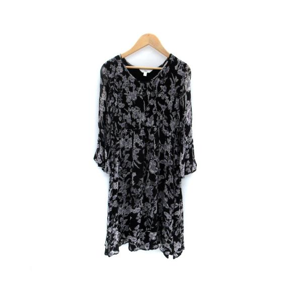 ライプ RIPE マタニティウェア ワンピース ひざ丈 七分袖 ラウンドネック 総柄 シアー ギャザー S マルチカラー 黒 ブラック /SM13 レディース【表記サイズ】S※実寸サイズをご確認ください。【実寸サイズ】肩幅：34cm　身幅：...