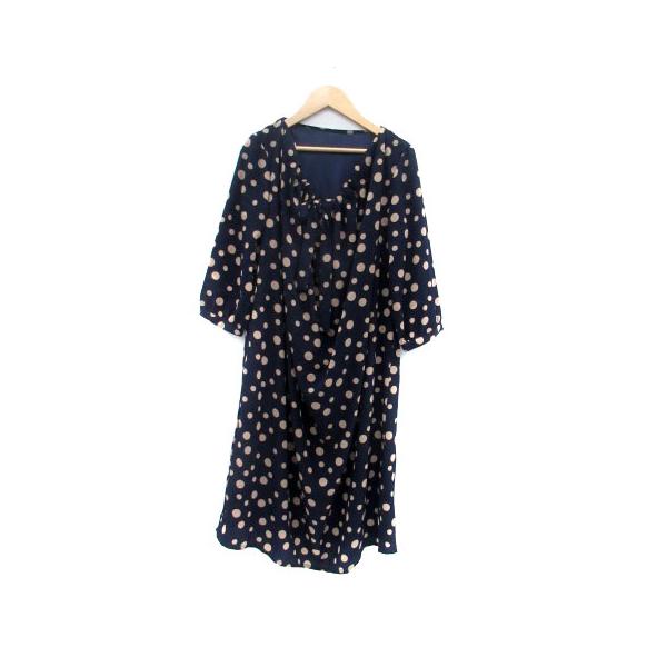 プランプ plump マタニティウエア ワンピース ラウンドネック 長袖 ひざ丈 ランダムドット柄 リボン M 紺 ネイビー ベージュ /HO32 レディース【表記サイズ】M※実寸サイズをご確認ください。【実寸サイズ】肩幅：35cm　身幅：...