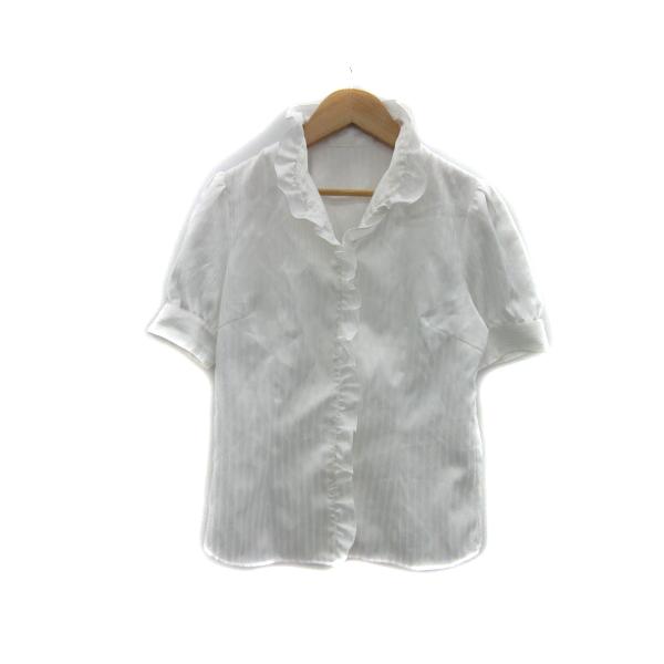 コサデベール Cosa de Ver シャツ ブラウス 半袖 スリットネック ストライプ柄 フリル 9R 白 ホワイト シルバー色 /YS38 レディース【表記サイズ】9R※実寸サイズをご確認ください。【実寸サイズ】肩幅：34cm　身幅：4...