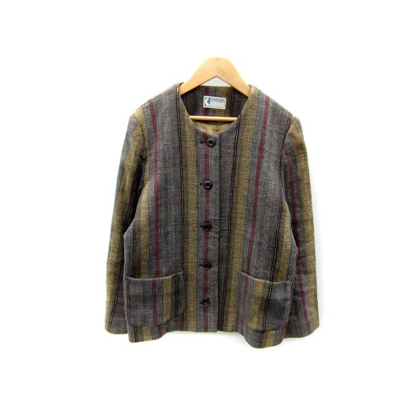 レジャープロダクツ COROMANDEL ノーカラージャケット ミドル丈 ストライプ柄 マルチカラー 黄 水色 /SY30 レディース【表記サイズ】サイズ表記なし※実寸サイズをご確認ください。【実寸サイズ】肩幅：40.5cm　身幅：51cm...