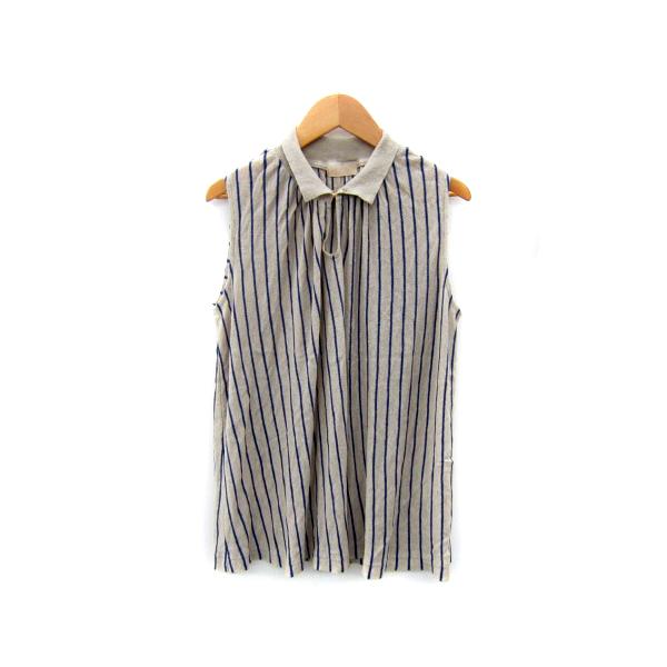 イエリデザインプロダクツ bolo de ieri カットソー ノースリーブ スキッパーカラー ストライプ柄 麻 リネン ベージュ 青 レディース【表記サイズ】サイズ表記なし※実寸サイズをご確認ください。【実寸サイズ】身幅：53cm　総丈：...