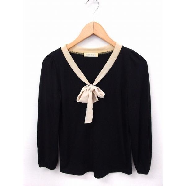 LATO CALLE カットソー リボン Vネック 長袖 M ブラック 黒 /FT26 レディース【表記サイズ】M【実寸サイズ】肩幅：約32cm　身幅：約43cm　袖丈：約57cm　着丈：約56cm　　【素材】本体：ポリエステル65％、レー...