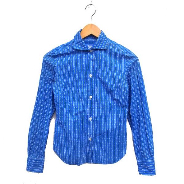 ルイジボレッリ LUIGI BORRELLI ストライプ ホリゾンタルカラー シャツ ブラウス コットン 綿 ラウンドヘム 長袖 38 青 ブルー /NT8【ブランド】ルイジボレッリ LUIGI BORRELLI【表記サイズ】38【実寸サイ...