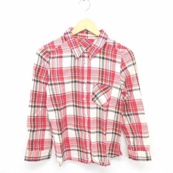 graffi シャツ ブラウス ステンカラー チェック 綿 コットン 長袖 M 赤 薄茶 レッド ライトベージュ /TT36 レディース【表記サイズ】M【実寸サイズ】肩幅：約36cm　身幅：約44cm　着丈：約63cm　袖丈：約54cm　　...