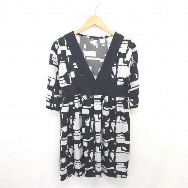 regard caressant ワンピース 膝下丈 総柄 Vネック プルオーバー 七分袖 M ブラック グレー 黒 灰 /TT33 レディース【表記サイズ】M【実寸サイズ】肩幅：約33cm　身幅：約43cm　袖丈：約38cm　総丈：約85...