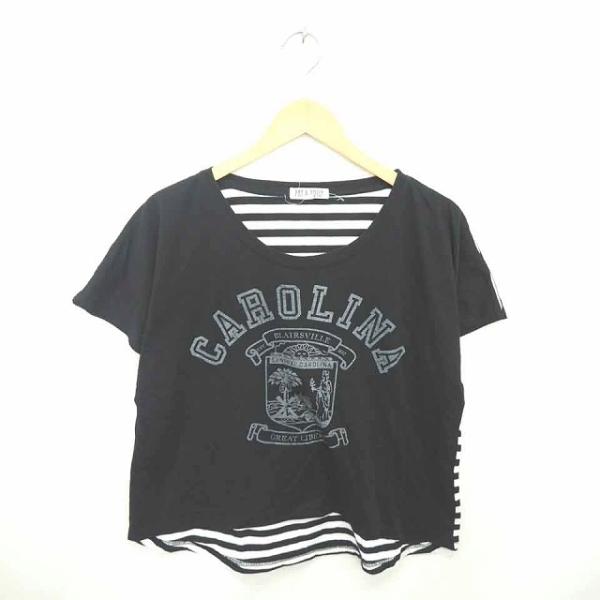 PAD＆TOLLY Tシャツ カットソー 丸首 英字 プリント ボーダー 半袖 M 黒 白 ブラック ホワイト /TT14 レディース【表記サイズ】M【実寸サイズ】身幅：約54cm　着丈：約58cm　ゆき丈：約38cm　　【素材】ポリエステ...