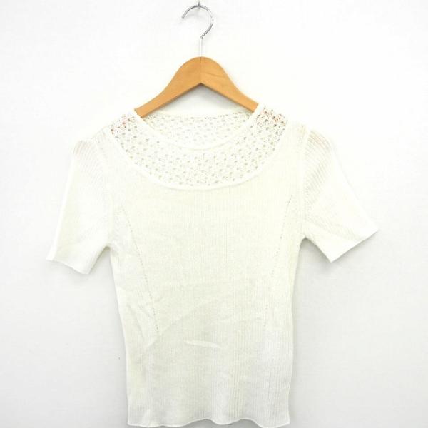 BAN BOLE ニット セーター レース リブ 丸首 五分袖 M アイボリー /MT32 レディース【表記サイズ】M【実寸サイズ】肩幅：約37cm　身幅：約39cm　着丈：約52cm　袖丈：約21cm　　【素材】麻45％、レーヨン45％、...