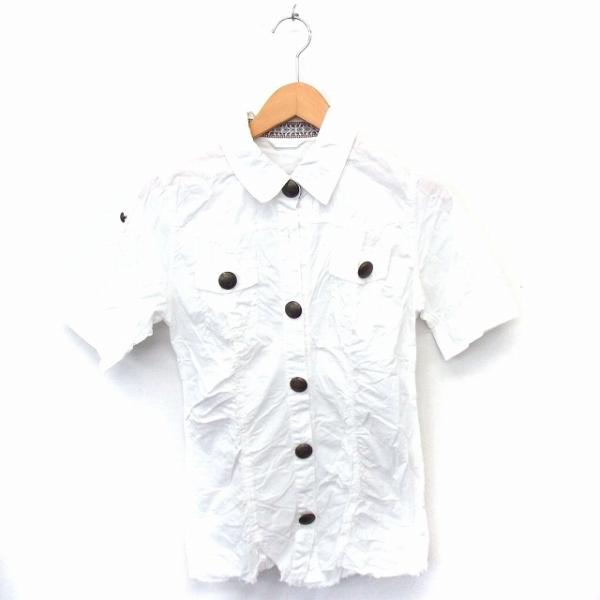 CORNFLAKE シャツ ブラウス ミリタリー ギャザー 半袖 コットン 綿 L ホワイト 白 /FT49 レディース【表記サイズ】M【実寸サイズ】肩幅：約36cm　身幅：約42cm　袖丈：約24cm　着丈：約65cm　　【素材】本体：綿...