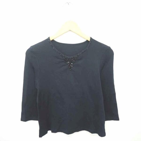 Fortunato カットソー ニット Vネック ビーズ装飾 薄手 シルク 七分袖 M 濃紺 ネイビー /TT10 レディース【表記サイズ】M【実寸サイズ】肩幅：約34cm　身幅：約44cm　着丈：約47cm　袖丈：約49cm　　【素材】絹...