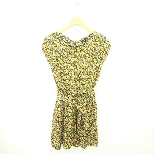 Supremacy ワンピース ひざ丈 花柄 ウエストリボン 薄手 フレア 半袖 2 紺 黄 ネイビー イエロー /TT9 レディース【表記サイズ】2【実寸サイズ】身幅：約46cm　着丈：約77cm　ゆき丈：約25cm　総丈約85cm　【素...