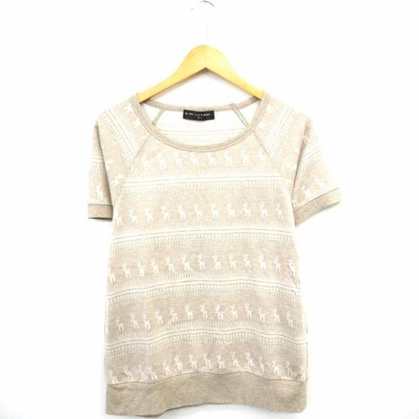 NERVEUX FEMME Tシャツ カットソー 総柄 リブ 丸首 半袖 M ベージュ 薄茶 /MT5 レディース【表記サイズ】M【実寸サイズ】身幅：約33cm　着丈：約59cm　ゆき丈：約39cm　　【素材】本体：ポリエステル65％、綿3...