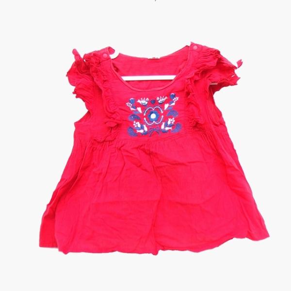 Porte bouguet ベビー服 ワンピース チュニック ミニ ボートネック ノースリーブ コットン 綿 フリル 刺繍 花 95 レッド /HT9 キッズ【表記サイズ】95【実寸サイズ】95　【素材】綿100％【色】レッド　　※色に関し...