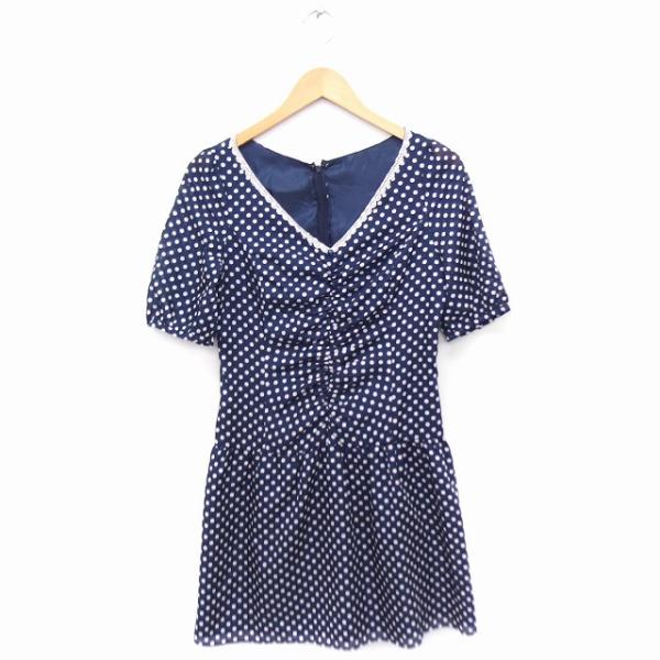 NETTO di MAMMINA ワンピース ドット柄 レース Vネック 五分袖 ひざ丈 ネイビー 紺 /FT11 レディース【表記サイズ】実寸サイズをご確認ください。【実寸サイズ】肩幅：約34cm　身幅：約46cm　袖丈：約31cm　総丈...