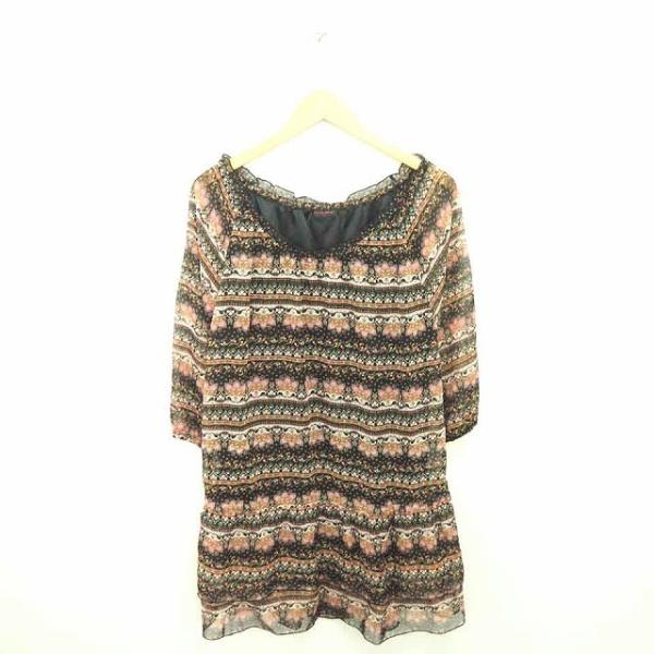 Pas de deux ワンピース ひざ丈 総柄 薄手 袖透け感 プルオーバー 七分袖 M 黒 ブラック ピンク /TT31 レディース【表記サイズ】M【実寸サイズ】身幅：約48cm　着丈：約79cm　ゆき丈：約60cm　　【素材】ポリエス...