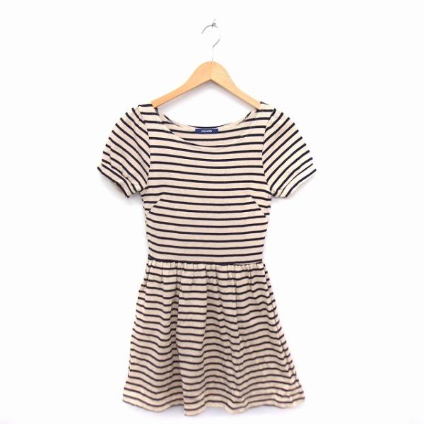 miraville ワンピース ボーダー ギャザー パフスリーブ ひざ丈 コットン 綿 F ベージュ /FT9 レディース【表記サイズ】F【実寸サイズ】肩幅：約33cm　身幅：約38cm　袖丈：約20cm　総丈：約83cm　　【素材】綿10...