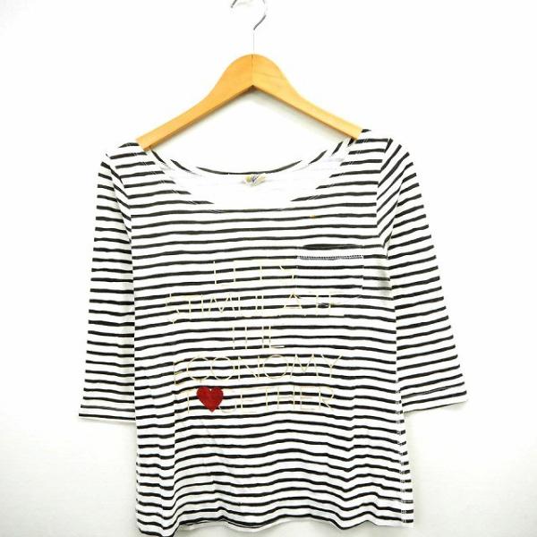 MILLIAN CANATA Tシャツ カットソー ボーダー 英字 ハート 丸首 七分袖 コットン 綿 F オフホワイト ブラック 黒 /MT20 レディース【表記サイズ】F【実寸サイズ】肩幅：約37cm　身幅：約43cm　着丈：約49cm...