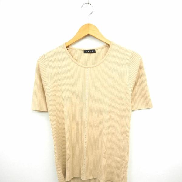 IRIA ニット セーター リブ ビジュー シンプル 丸首 五分袖 L ベージュ 薄茶 /MT7 レディース【表記サイズ】L【実寸サイズ】肩幅：約34cm　身幅：約43cm　着丈：約56cm　袖丈：約25cm　　【素材】アクリル50％、レー...