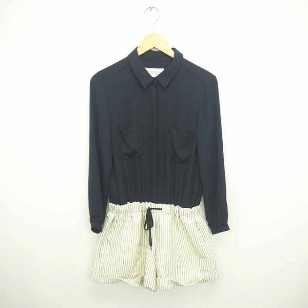 ナノユニバース オールインワン パンツ ショート ひざ丈 ストライプ 切替 ハーフボタン 長袖 F ネイビー アイボリー 紺 /TT42【ブランド】ナノユニバース nano universe【表記サイズ】F(実寸サイズをご確認ください。）【...