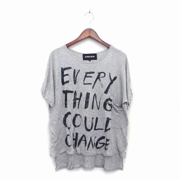ファイブプレビュー 5 PREVIEW Tシャツ カットソー 丸首 ラグランスリーブ 半袖 ロングテール プリント 英字 XS ライトグレー 灰【表記サイズ】XS【実寸サイズ】身幅：約55.5cm　着丈：約54.5-63.5cm　ゆき丈：約...