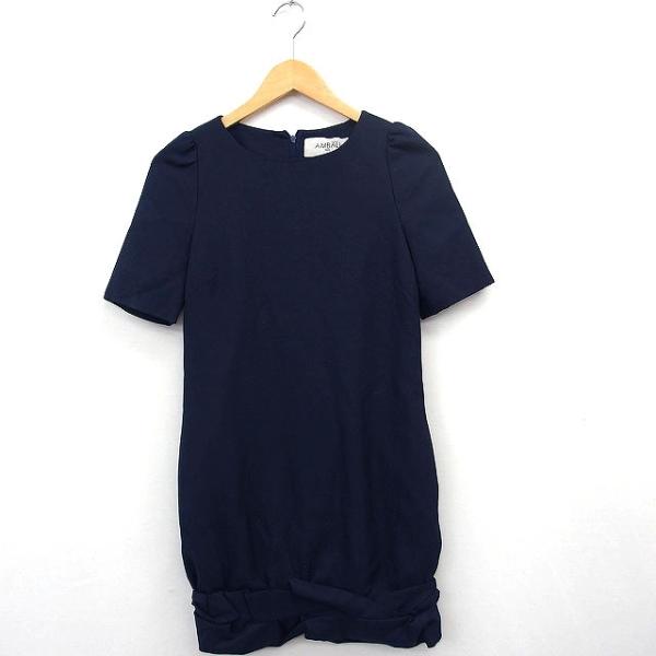アンバリ AMBALI ワンピース 無地 シンプル 丸首 ひざ丈 五分袖 ウール 34 ネイビー 紺 /MT49 レディース【表記サイズ】34【実寸サイズ】肩幅：約34cm　身幅：約40cm　袖丈：約37cm　総丈：約82cm　　【素材】表...
