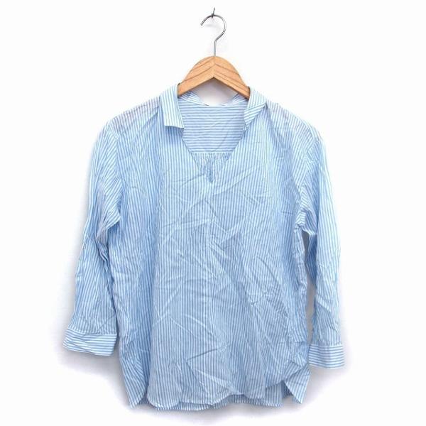 エニィスィス エニシス anySiS カットソー スキッパー 長袖 薄手 綿混 ストライプ 柄 2 ライトブルー ホワイト /HT12 レディース【ブランド】エニィスィス エニシス anySiS【表記サイズ】2【実寸サイズ】肩幅：約47cm...