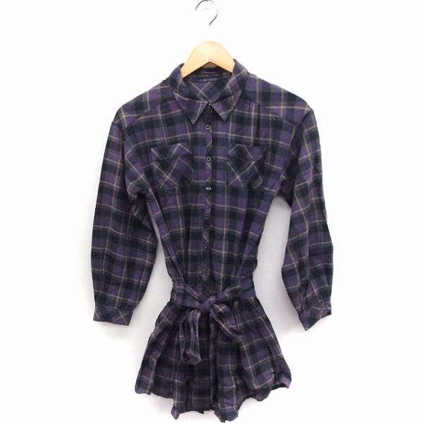 クルーンアソング CROON A SONG シャツワンピース ミニ チュニック 長袖 リボン チェック柄 コットン 綿 M グレー 灰 パープル 紫 /FT31 レディース【ブランド】クルーンアソング CROON A SONG【表記サイズ】...