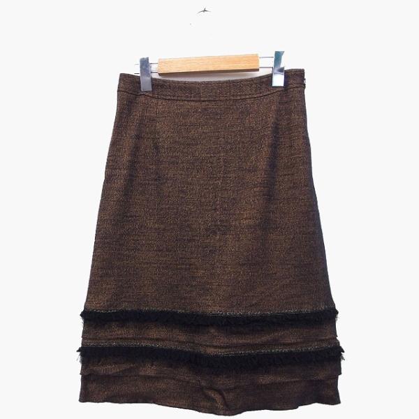 オーキディア ORCHIDEA 台形 スカート 膝下 ティアード ウール混 総柄 フリンジ ラメ混 38 ブラウン 茶 /HT22 レディース【表記サイズ】38【実寸サイズ】ウエスト：約68cm　ヒップ：約84cm　スカート丈：約57cm　...