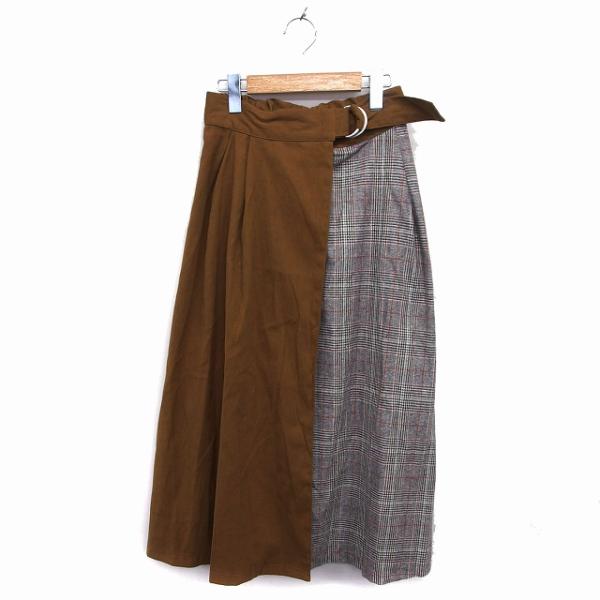 ラップスカート フレア ロング 切替 フェイクスエード ベルト グレンチェック M 茶 ブラウン /NT12 N レディース【表記サイズ】M【実寸サイズ】ウエスト：約60-72cm　ヒップ：約92cm　スカート丈：約78cm　　【素材】本体...