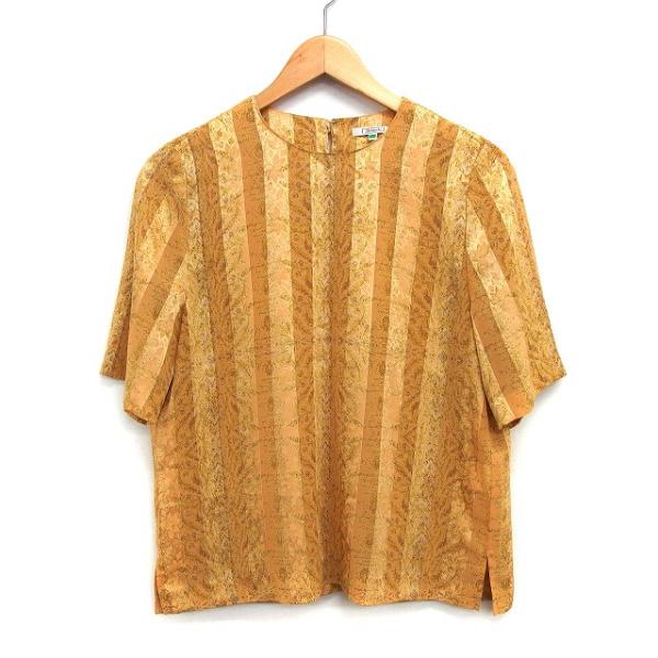 アデンダ Addenda カットソー ブラウス ストライプ 柄 花柄 透け感 五分袖 丸首 ブライトイエロー 山吹 /HT20 レディース【表記サイズ】表記なし実寸サイズをご確認ください。【実寸サイズ】肩幅：約36cm　身幅：約48cm　袖...