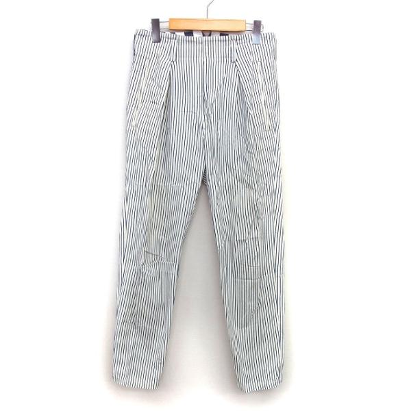 パンセ Pensee テーパード パンツ センタープレス ストライプ 柄 バックベルト タック コットン 綿 麻混 36 白 紺 /HT9 レディース【表記サイズ】36【実寸サイズ】ウエスト：約75cm　もも幅：約30cm　裾幅：約16.5...