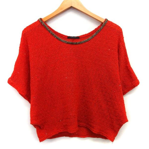 ドスチ DOSCH かぎ針編み ニット セーター ショート丈 ビーズ装飾 スパンコール 五分袖 丸首 M オレンジ コーラルレッド /HT31 レディース【表記サイズ】M【実寸サイズ】着丈：約49cm　ゆき丈：約43cm　裾幅：約43cm　...