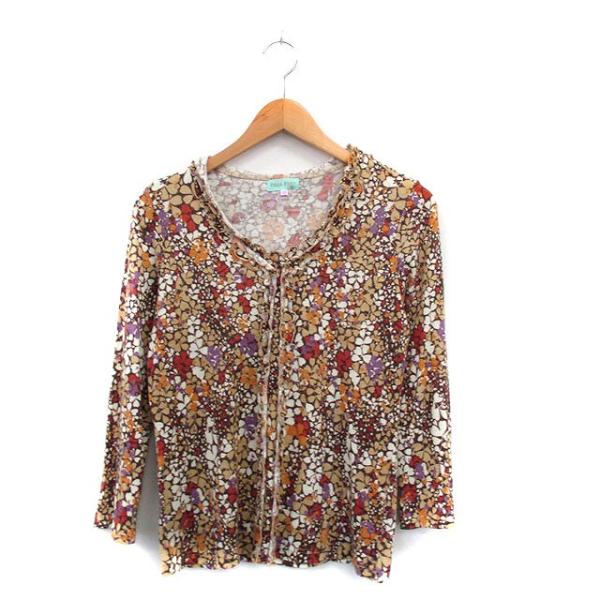 フリーポート Freeport カットソー Tシャツ 七分袖 フリル 花柄 ブラウン 茶 /KT4 レディース【表記サイズ】サイズ表記なし。実寸サイズでご確認ください。【実寸サイズ】肩幅：約37cm　身幅：約45cm　着丈：約57cm　袖丈...