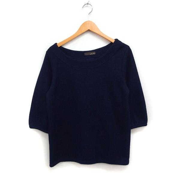 サクラボア  sakura bois 五分袖 ニット セーター ボートネック L ネイビー 紺 /FT17 レディース【表記サイズ】L【実寸サイズ】肩幅：約38cm　身幅：約50cm　袖丈：約40cm　着丈：約58cm　　【素材】ポリエステ...