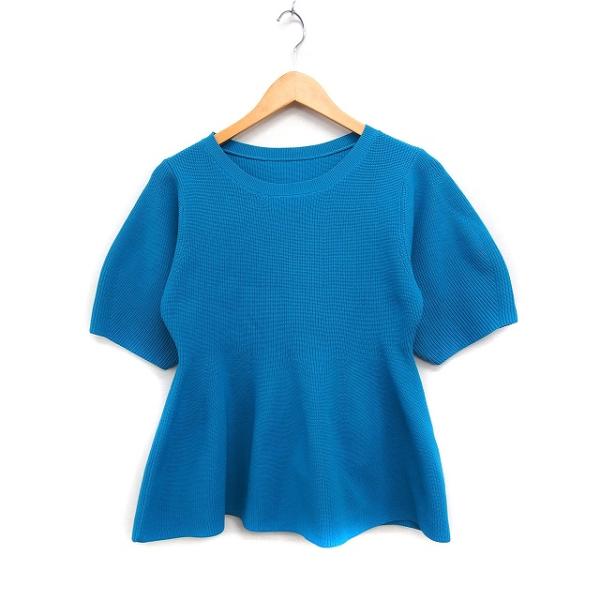 ti. ALEFS ペプラム ニット セーター 半袖 丸首 無地 M ターコイズブルー 青 /FT29 レディース【表記サイズ】M【実寸サイズ】肩幅：約36cm　身幅：約42cm　袖丈：約28cm　着丈：約56cm　　【素材】ポリエステル1...