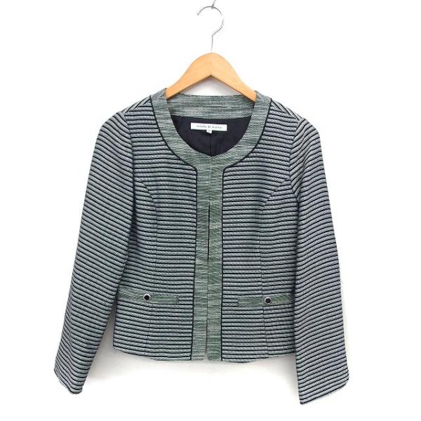 ケティ KETTY sorella di ツイード ノーカラー ジャケット 総裏地 クロップド ホック ボーダー 2 黒 ブラック /NT3 レディース【ブランド】ケティ KETTY【表記サイズ】2【実寸サイズ】肩幅：約37cm　身幅：約4...