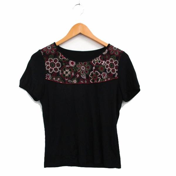 ジッツォインターナショナル JIZZO INTERNATIONAL カットソー Tシャツ 半袖 ウール 刺繍 ブラック 黒 /KT11 レディース【表記サイズ】サイズ表記なし。実寸サイズでご確認ください。【実寸サイズ】肩幅：約34cm　身幅...
