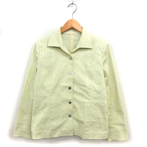 アスプレイ Aspray オープンカラー シャツ ブラウス ストライプ コットン混 スリット 長袖 11AR イエローグリーン /NT27 レディース【表記サイズ】11AR【実寸サイズ】肩幅：約40cm　身幅：約49.5cm　袖丈：約58c...