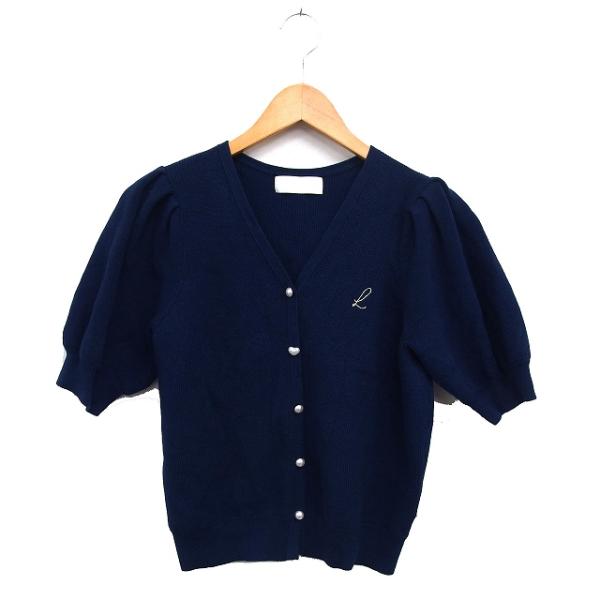ラバンダ LAVANDA  Vネック クロップド カーディガン ニット リブ 刺繍 タック 五分袖 F 紺 ネイビー /NT32 レディース【表記サイズ】F【実寸サイズ】肩幅：約31.5cm　身幅：約47cm　袖丈：約29cm　着丈：約46...