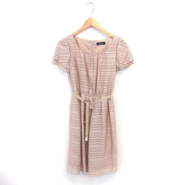 オネイロス ONEIROS ワンピース ロング フレア ボーダー ラメ ウエストリボン 半袖 9AR ベージュ 茶 /TT レディース【表記サイズ】9AR【実寸サイズ】肩幅：約33cm　身幅：約40cm　袖丈：約16cm　総丈：約97cm　...