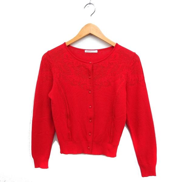 ミホコサイトウ MIHOKO SAITO 透かし編み ニット デザイン カーディガン F レッド 赤 /FT27 レディース【表記サイズ】F【実寸サイズ】肩幅：約36cm　身幅：約46cm　袖丈：約56cm　着丈：約45cm　　【素材】ポリ...