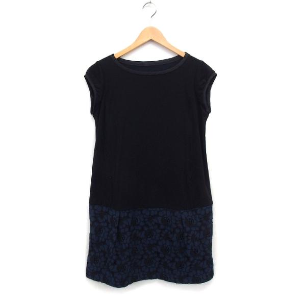 コムサブロンドオフ COMME CA BLANC D'OEUF 切替 ワンピース 半袖 ひざ丈 カットワークレース M-L ブラック 黒 ネイビー 紺 /FT20 レディース【表記サイズ】M-L【実寸サイズ】肩幅：約38cm　身幅：約48c...