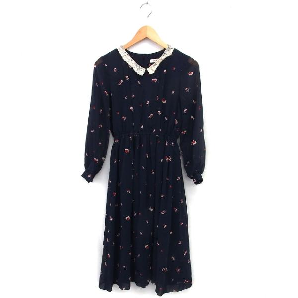 COTY MATE レースカラー シフォン ワンピース フレア ロング バックボタン 花柄 長袖 M 黒 ブラック /NT17 レディース【表記サイズ】M【実寸サイズ】肩幅：約36cm　身幅：約41.5cm　袖丈：約52cm　総丈：約107...