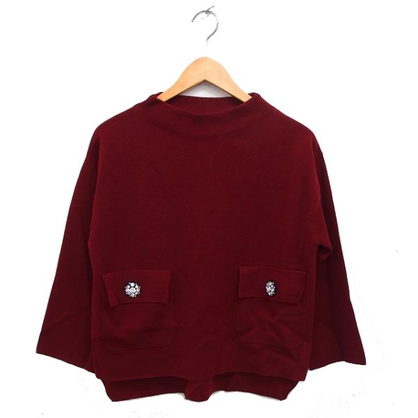 MANI PULITE ニット ウール モックネック カットソー スリット バックロング ラインストーン 長袖 赤 レッド /NT12 レディース【表記サイズ】表記なし実寸サイズをご確認ください【実寸サイズ】肩幅：約49cm　身幅：約51....