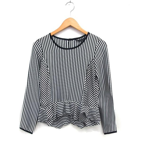 ミホコ サイトウ MIHOKO SAITO ストライプ ペプラム ブラウス バックボタン 透け感 タック 長袖 36 黒 ブラック /NT17 レディース【表記サイズ】36【実寸サイズ】肩幅：約36.5cm　身幅：約44cm　袖丈：約57....